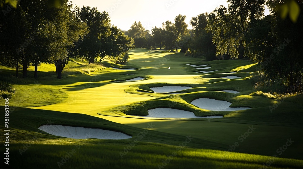 A golf course with a prominent bunker and a glistening water trap, the ...