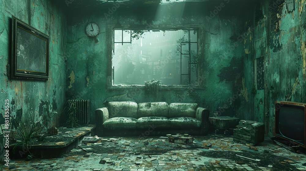 Abandoned Living Room: A Haunting Glimpse into a Forgotten Past Stock ...