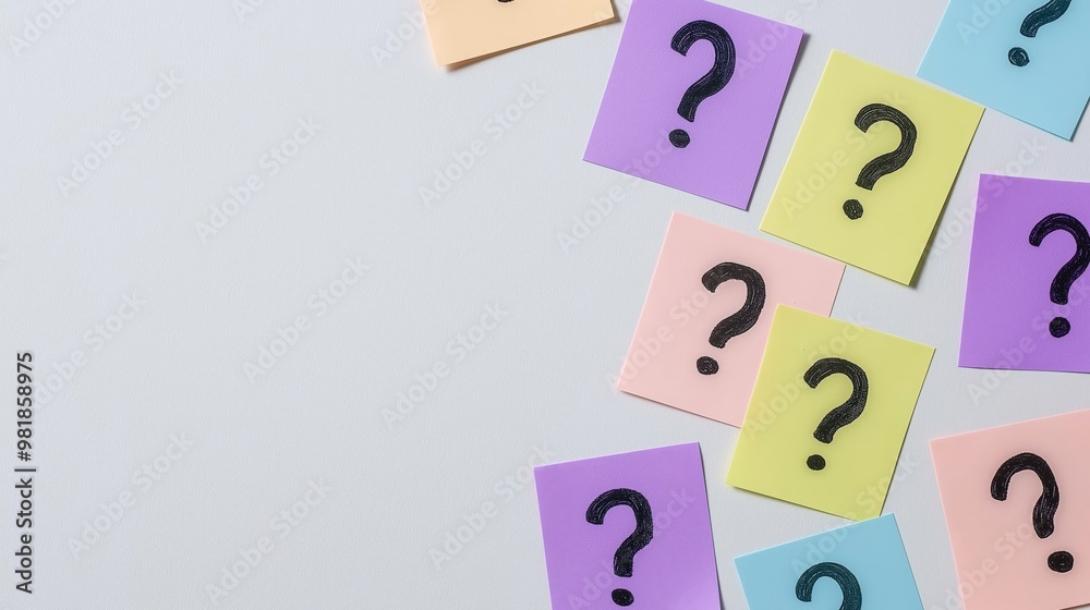 Colorful sticky notes, question marks isolated on a white background ...