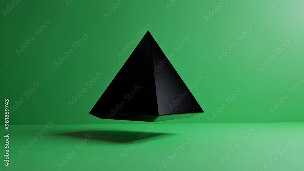Black pyramid is floating on a green screen background, casting a ...