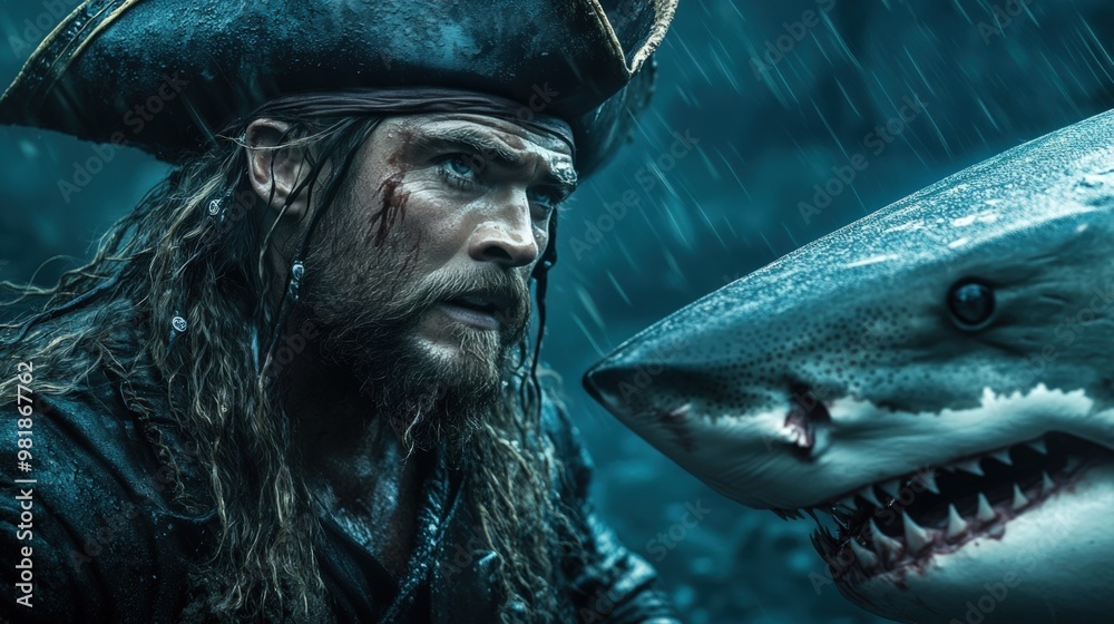 A pirate with a long beard and a cut on his cheek stares fearlessly at ...