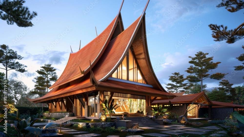 Ornate Southeast Asian Wooden Temple with Iconic Peaked Roofs in Lush ...