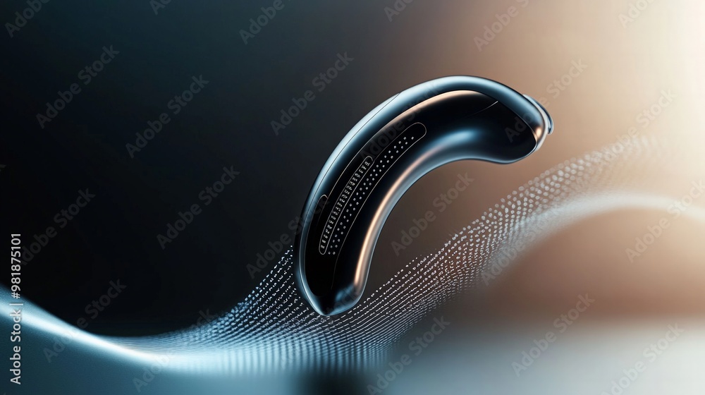Detailed illustration of a digital hearing aid, shown on a sleek, clean ...