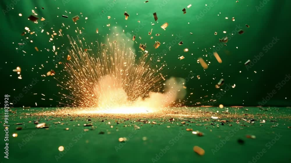 Powerful explosion throwing sparks, embers and debris on a green screen ...