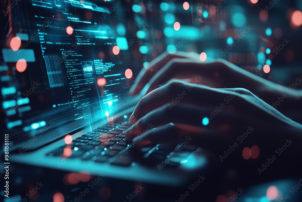 Close-up of hands typing on a laptop keyboard with glowing blue code on ...