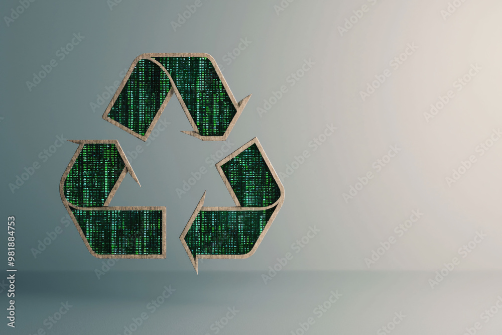 Recycling symbol with digital matrix design, representing ...