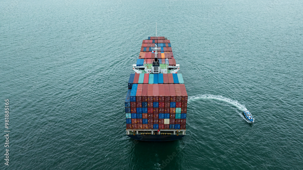 Aerial rear view Container Ship load container going to seaport or ...