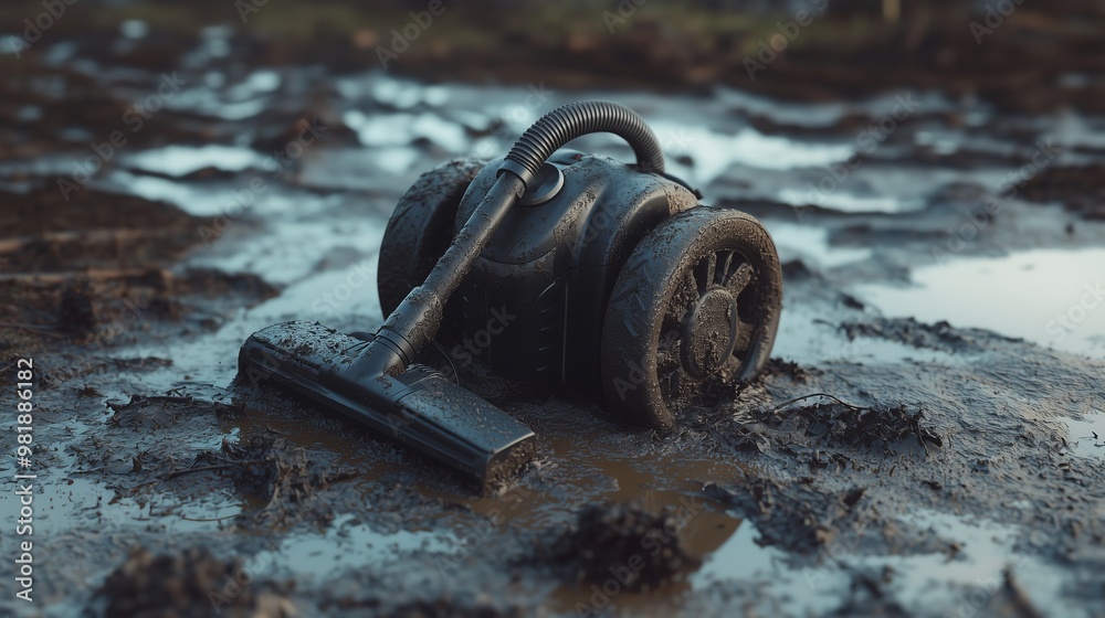 An abandoned vacuum cleaner resting in muddy terrain, showcasing wear ...