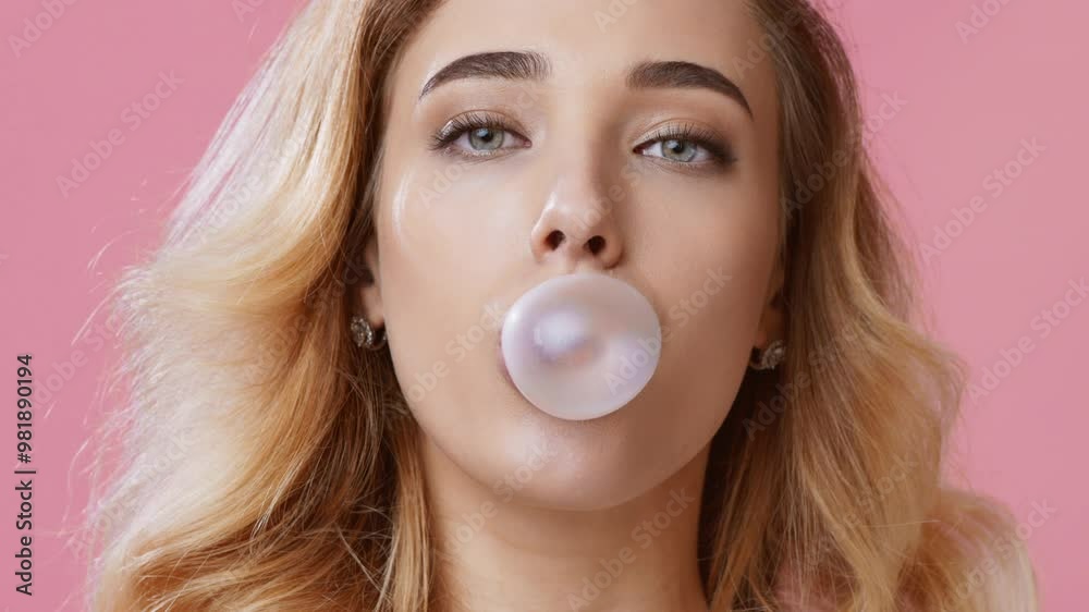 A young woman with wavy hair blows a large bubble with her chewing gum ...