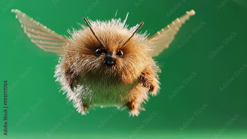 Charming, furry bumblebee character with translucent wings is flying ...