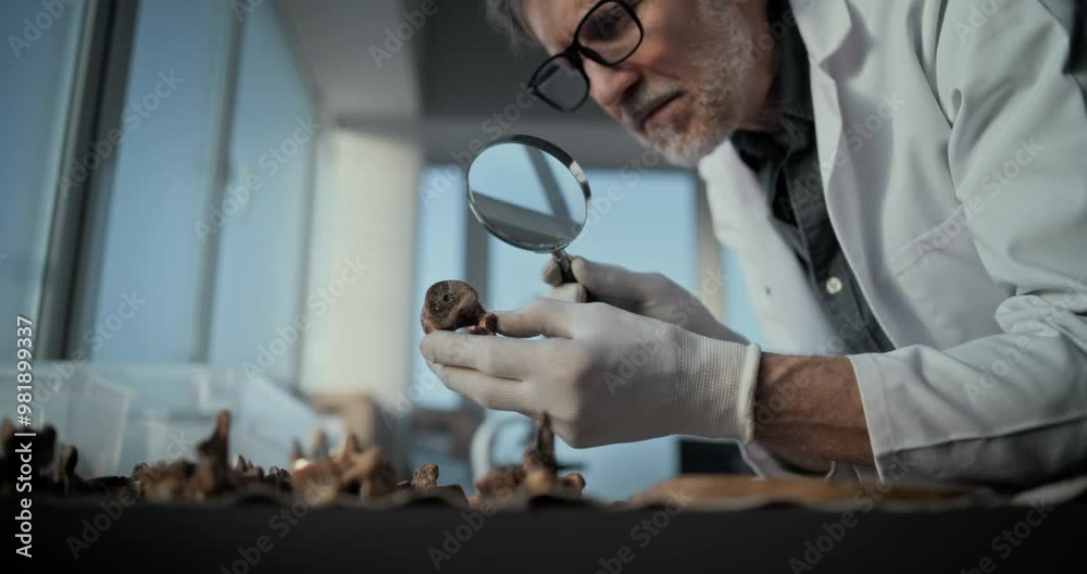 Mature scientist works with specimen collection of fossil remains in ...