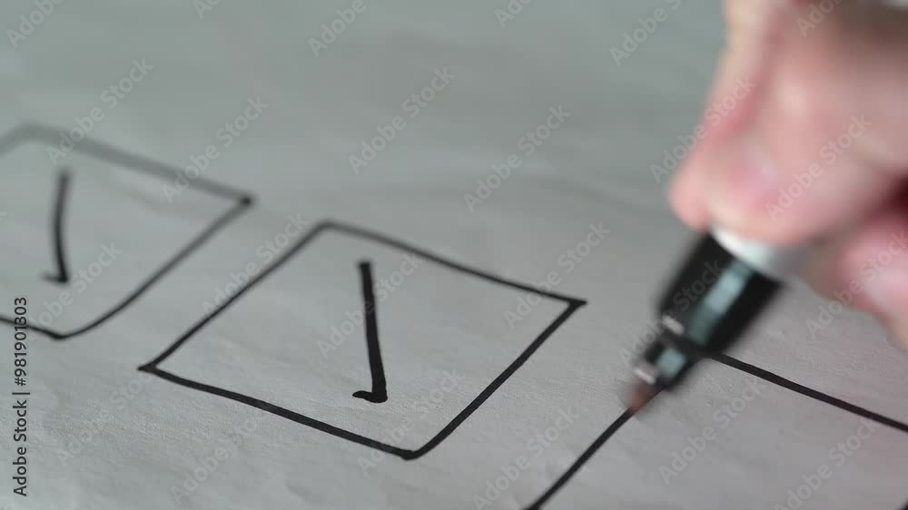 close up and selective focus hand using pen to making tick mark on ...