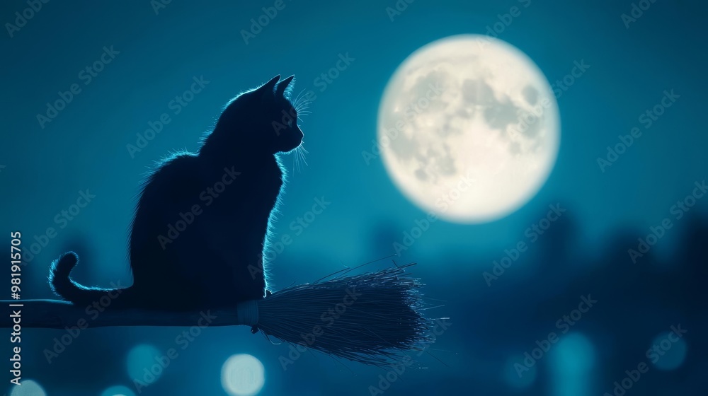 Black cat dressed as a witch, sitting on a broomstick under the full ...