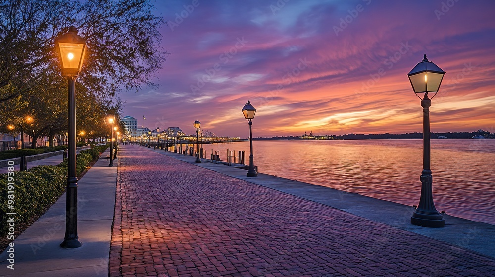 the waterfront in Charleston, South Carolina, during sunset with a ...