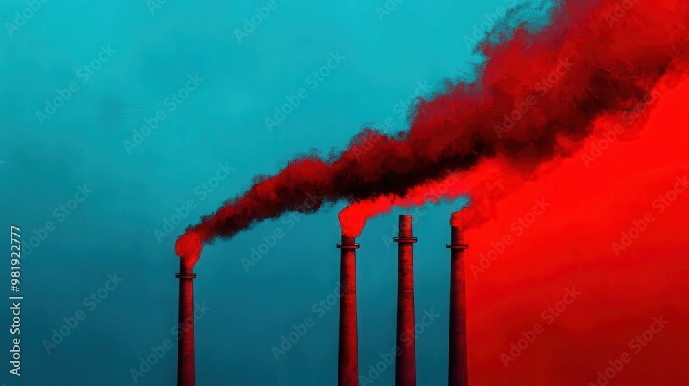 Industrial cityscape at night, glowing red from heat emissions, smoke ...