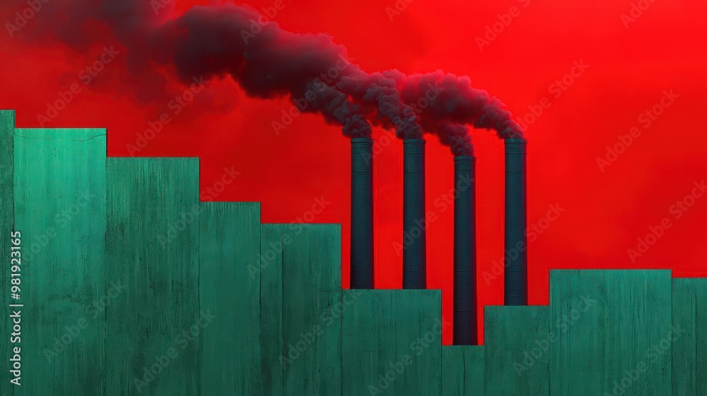 Industrial cityscape at night, glowing red from heat emissions, smoke ...