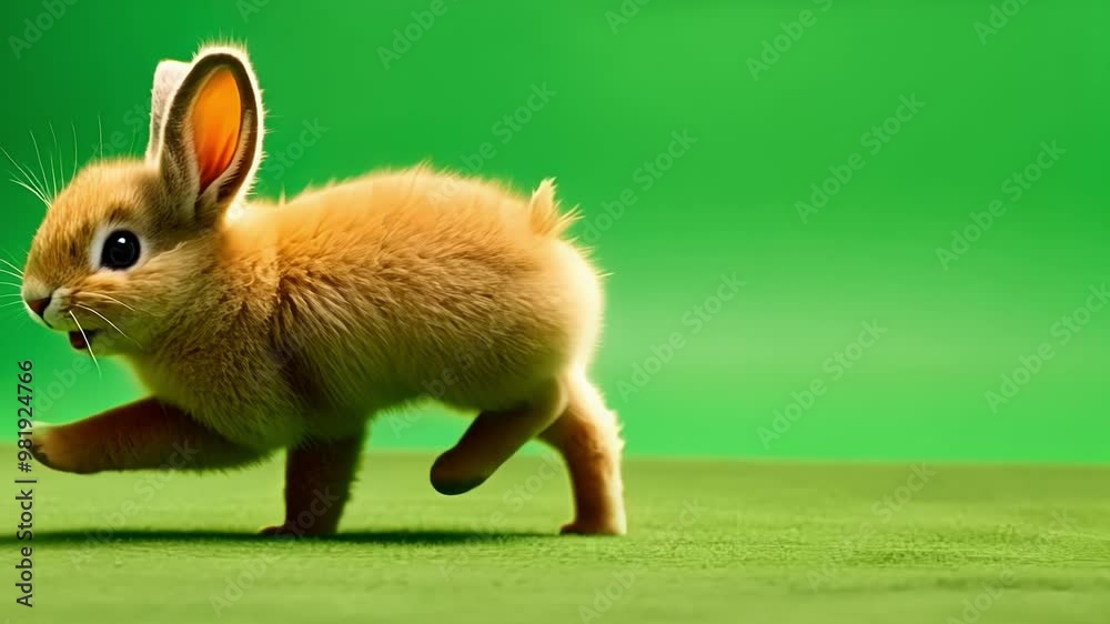 Fluffy bunny rabbit is running across a green screen, perfect for video ...