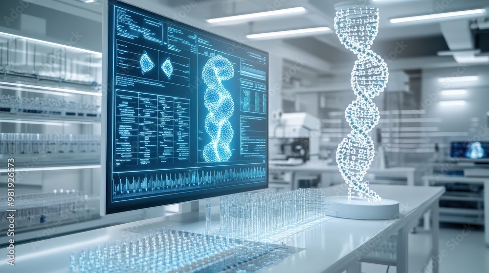 Research lab with holographic 3D models of genomes and tumors, screens ...