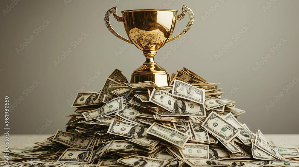 Golden Trophy on Pile of Dollar Bills: A gleaming golden trophy stands ...