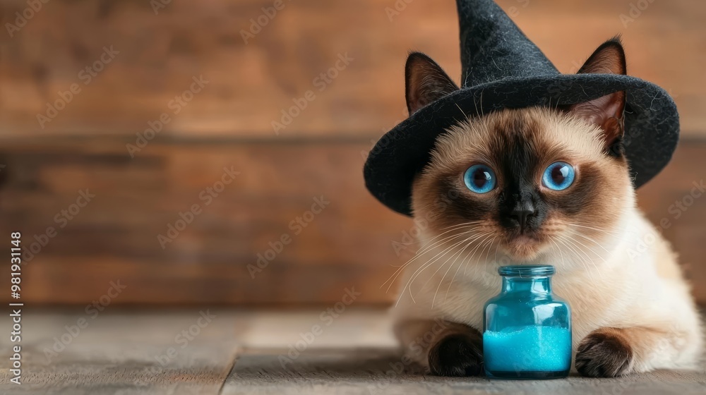 Siamese cat dressed as a witch with a bubbling potion beside her, witch cat, spooky feline Stock ...