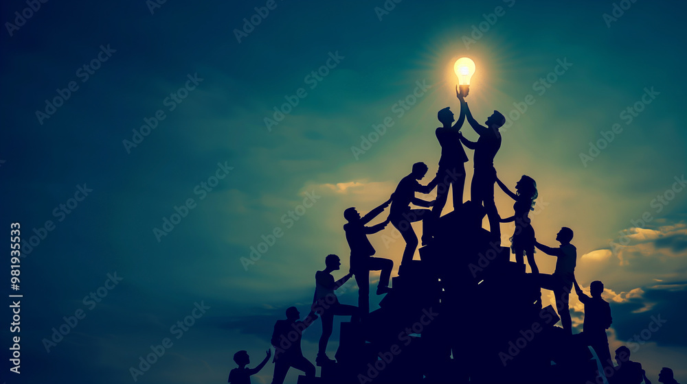 Teamwork concept with people forming a human pyramid to reach a glowing ...