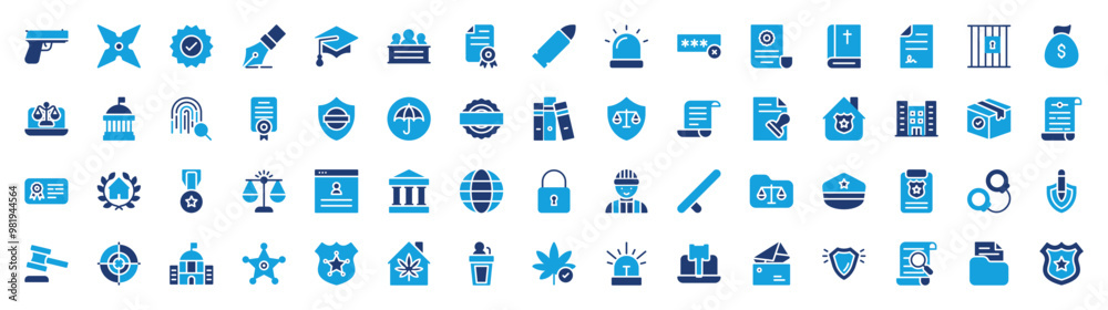 Law and Justice set of blue icons. Law and Justice icon. Pistol, Ninja ...