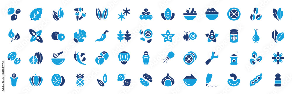 Spice set of blue icons. Spice icon. Sesame, Peppermint, Mint, Cloves ...