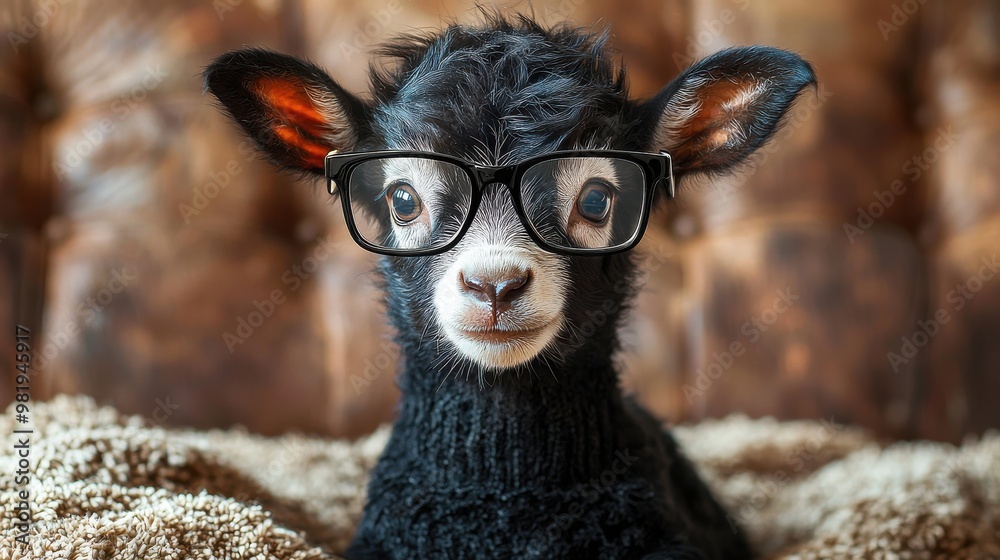 Playful baby goat wearing glasses sits comfortably on a cozy blanket ...