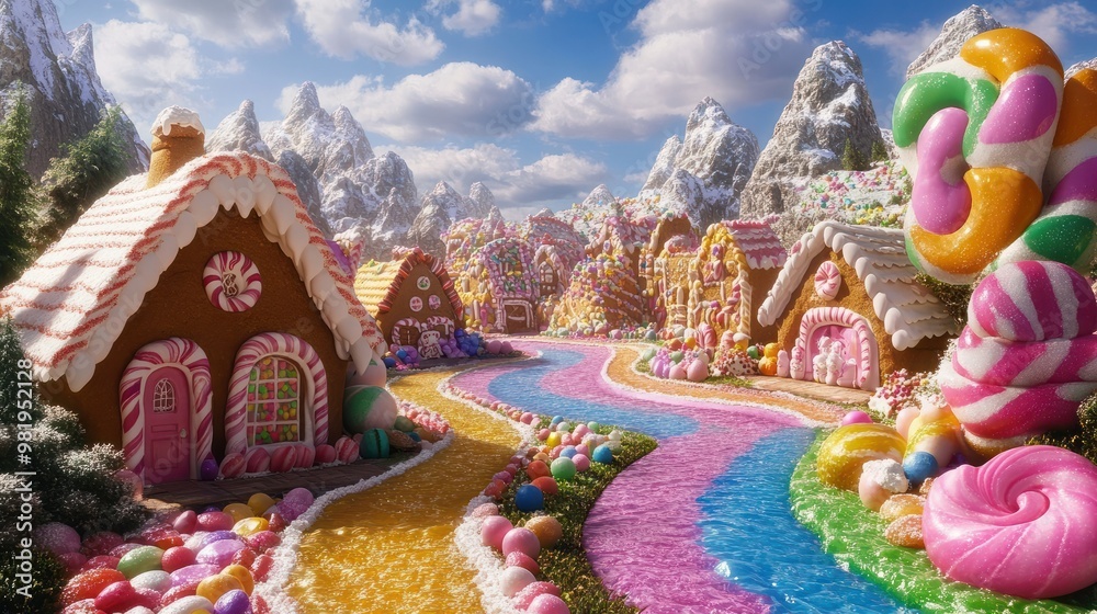 Vibrant and imaginative candy land featuring detailed gingerbread ...