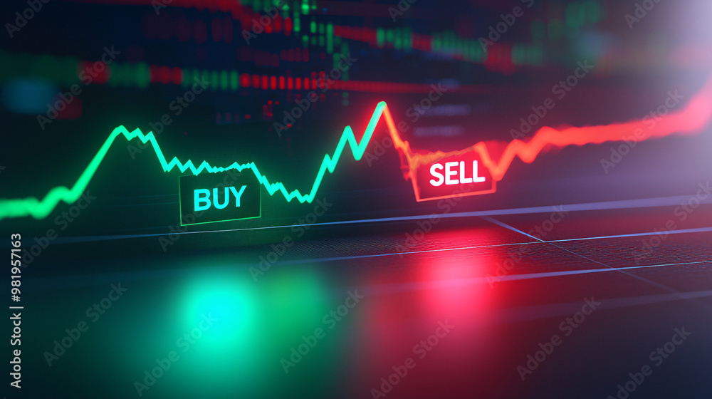 A 3D model of a stock market chart with two distinct lines: one green ...