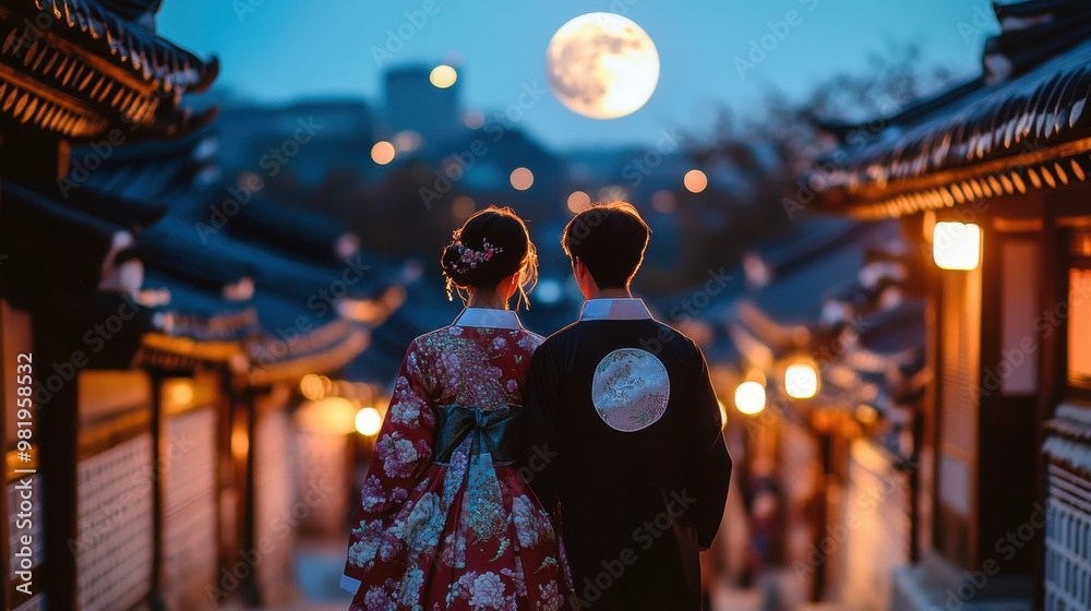 Sweet Couple korean wearing in hanbok kissing and walking in old palace ...