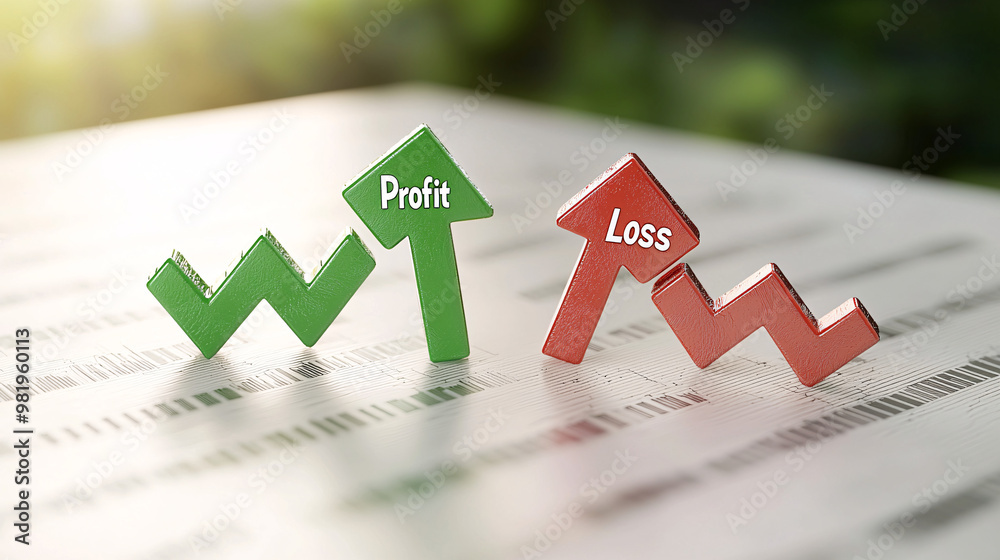 A 3D model of two abstract financial symbols: a green upward arrow ...