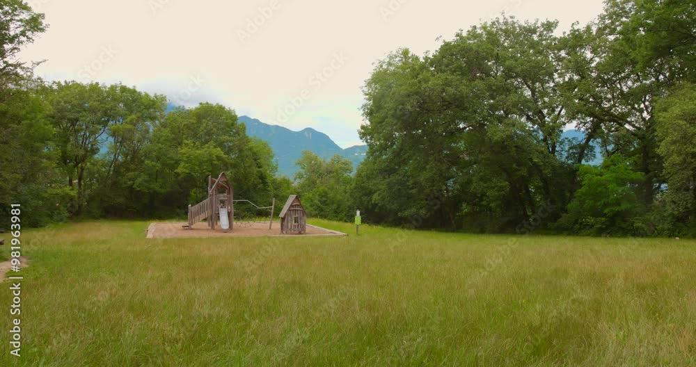 Motion video of a random park with abandoned hut surrounded with ...