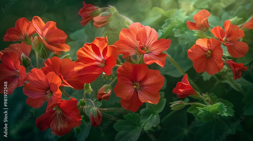 A cluster of bright red geraniums with their vibrant petals glowing ...