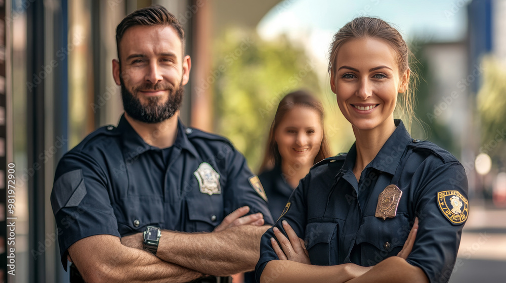 In a vibrant urban setting, a happy police team stands confidently with ...