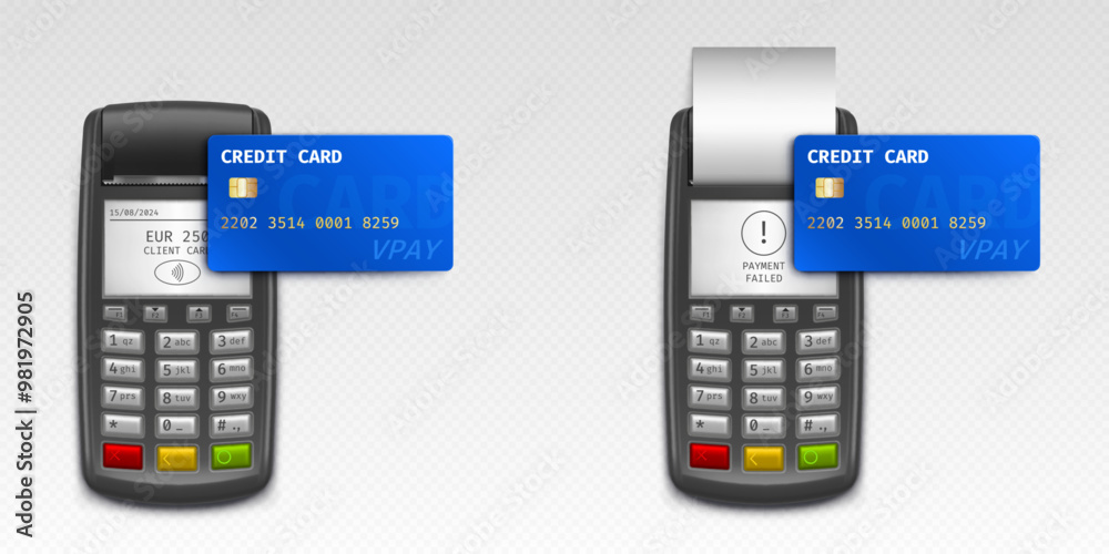 Pos terminal with credit card payment and paper bill. Realistic 3d ...