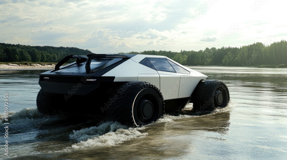 A futuristic amphibious vehicle capable of operating on both water and ...
