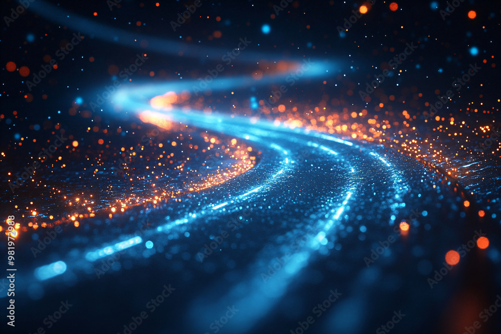 Dynamic cosmic highway of blue light trails and fiery particles ...