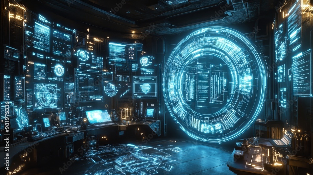 A 360-degree room filled with floating digital interfaces, displaying interactive data ...