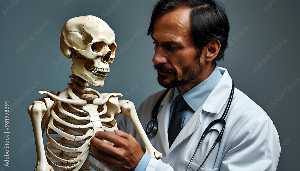 Doctor examining a human skeleton model with a missing lower jaw ...