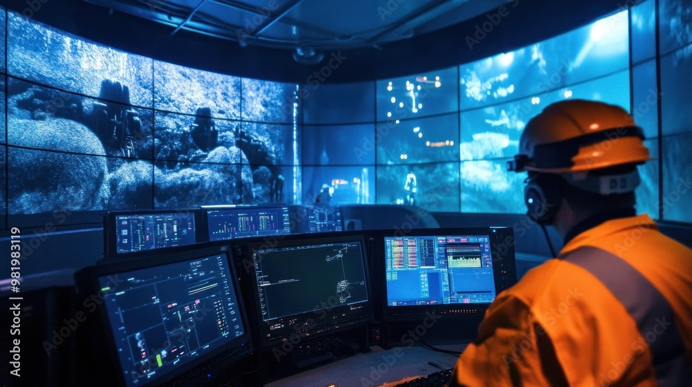 A high-tech control room monitors the underwater tunnel construction, with screens displaying ...
