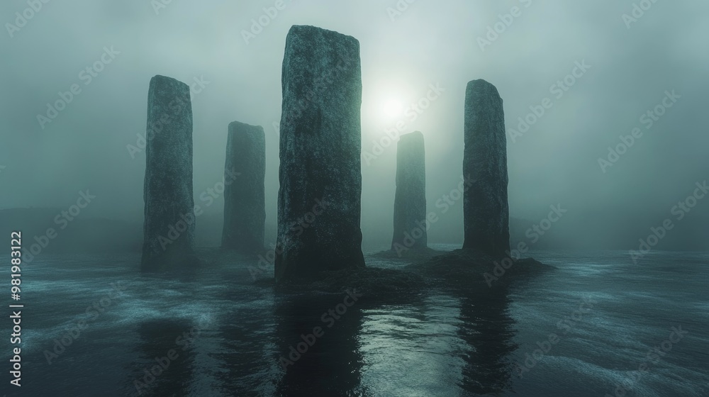 Surreal stone circle on a mist-enshrouded island, dark waters ...