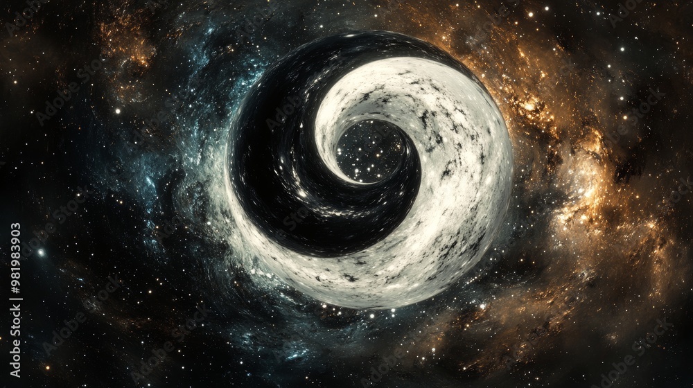 Yin-yang symbol composed of swirling galaxies, stars and nebulae ...