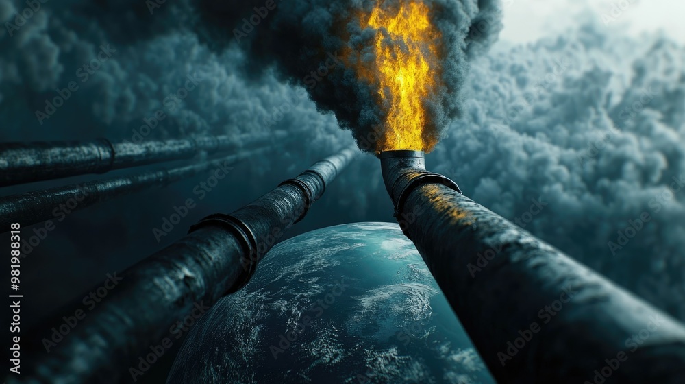 Oil pipes spewing smoke with the last drop of oil falling from the ...