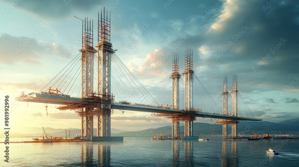 A modern suspension bridge under construction, with tall towers rising ...