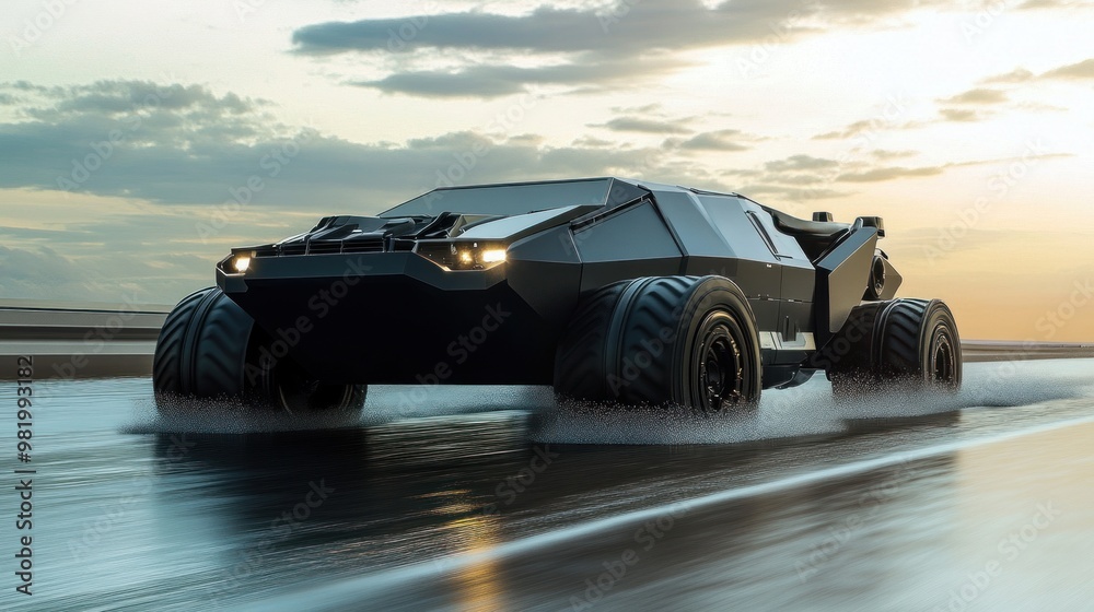A modern vehicle equipped with amphibious capabilities moves from the ...