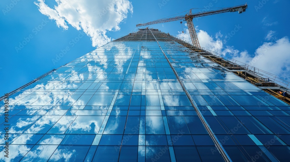 A nearly completed skyscraper with the final sections of the spire ...