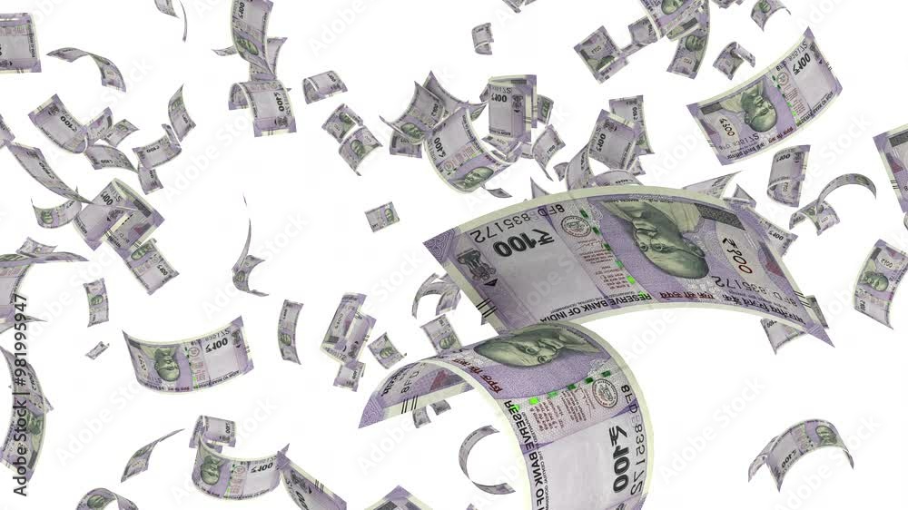 3d Animation of 100 rupee notes falling from the sky on a clean white ...