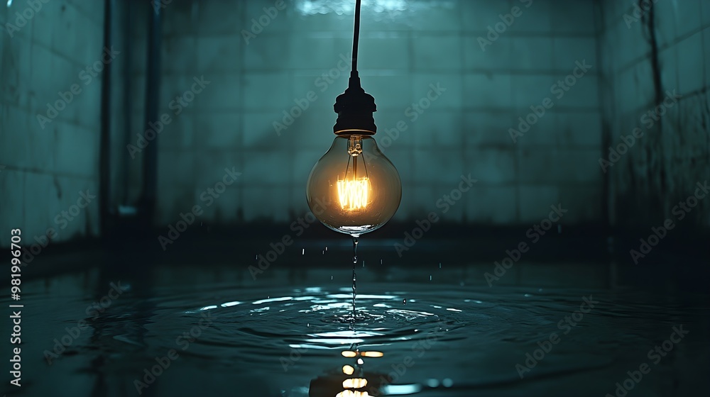 Flickering light bulb in a gloomy interrogation room, water dripping ...