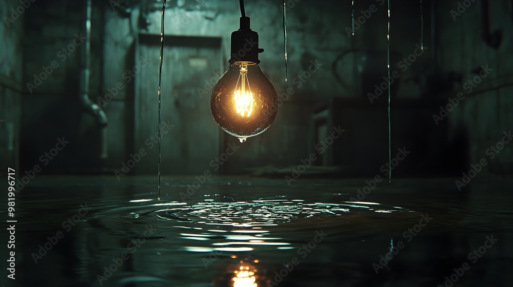 Flickering light bulb in a gloomy interrogation room, water dripping ...